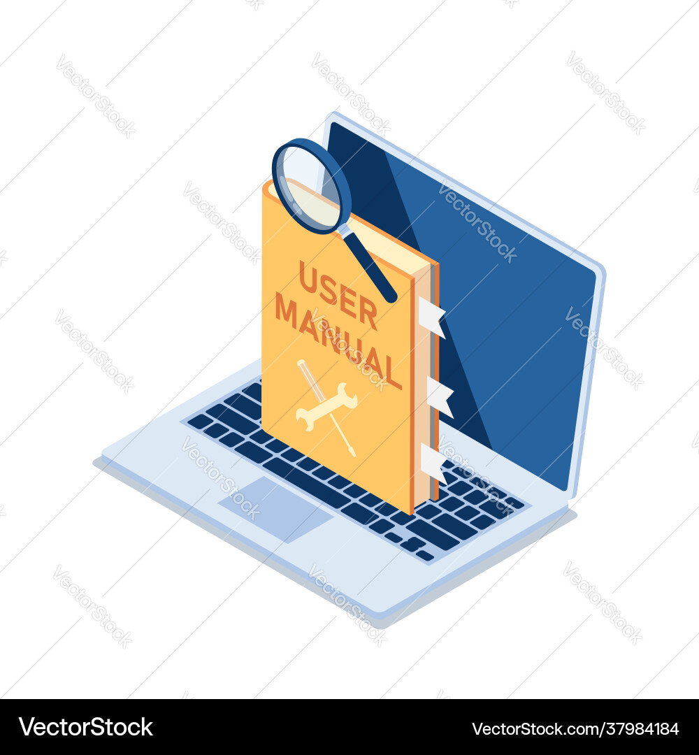 Isometric user manual with magnifying glass Vector Image