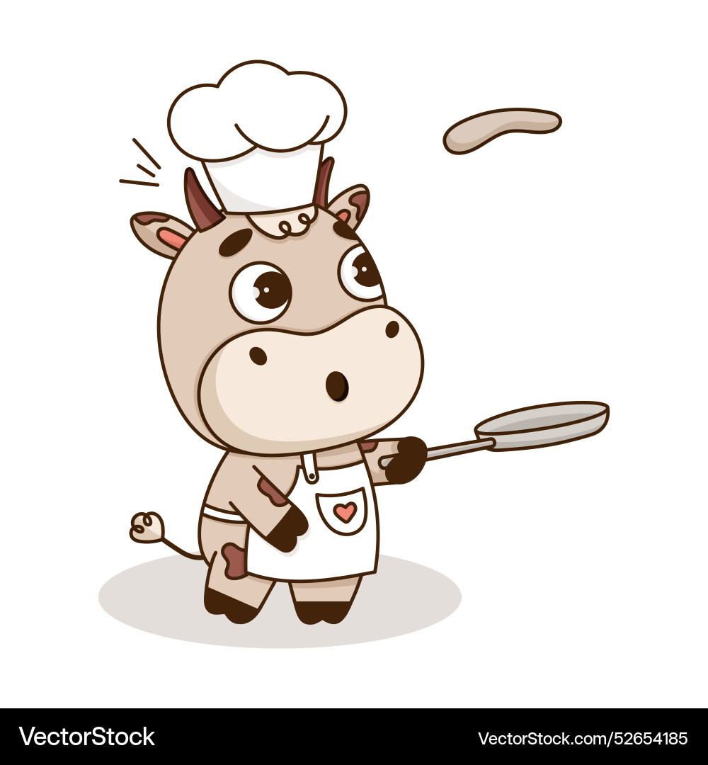 Cute baby chef cow preparing pancake Royalty Free Vector