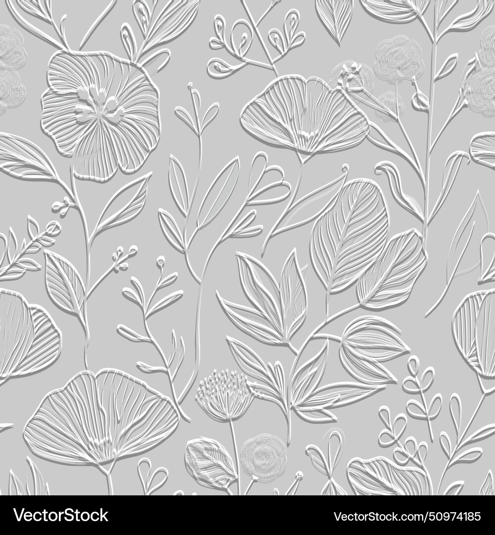 Line art hand drawn doodle flowers leaves emboss Vector Image