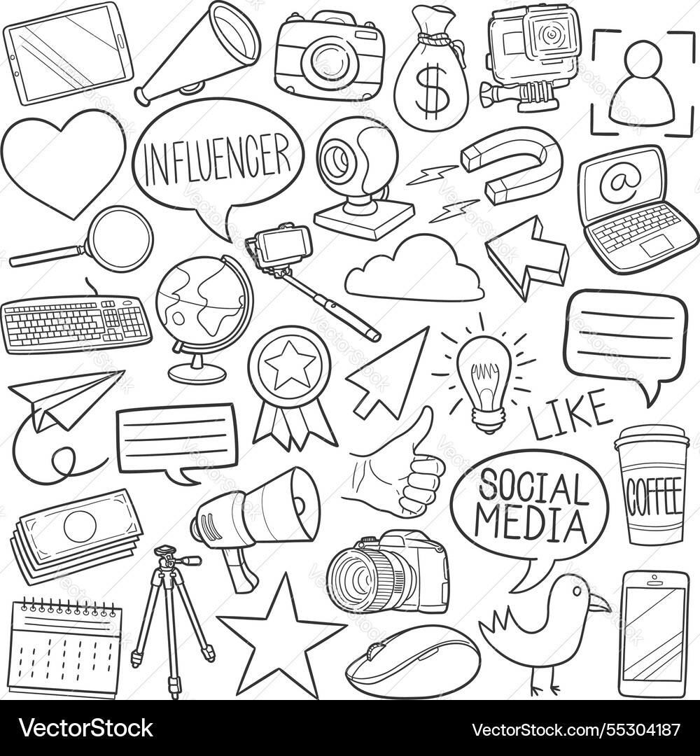 Influencer doodle icons line art Royalty Free Vector Image