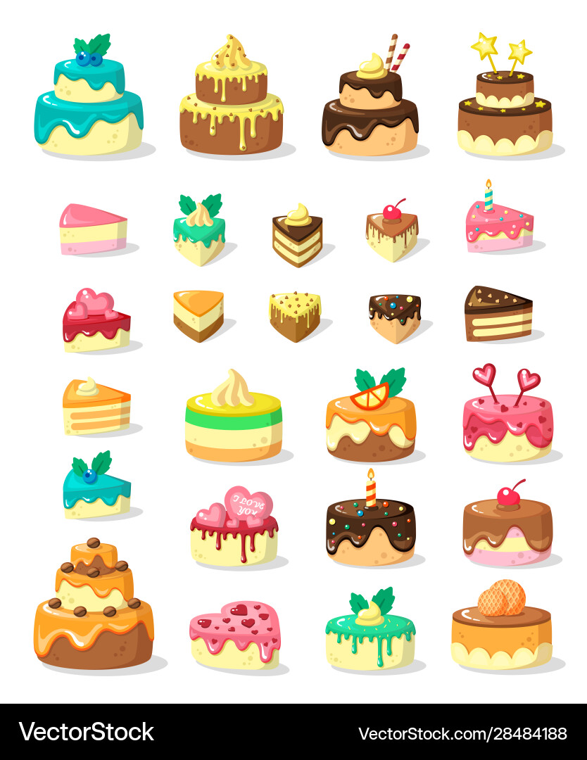 Layered cakes and slices flat Royalty Free Vector Image