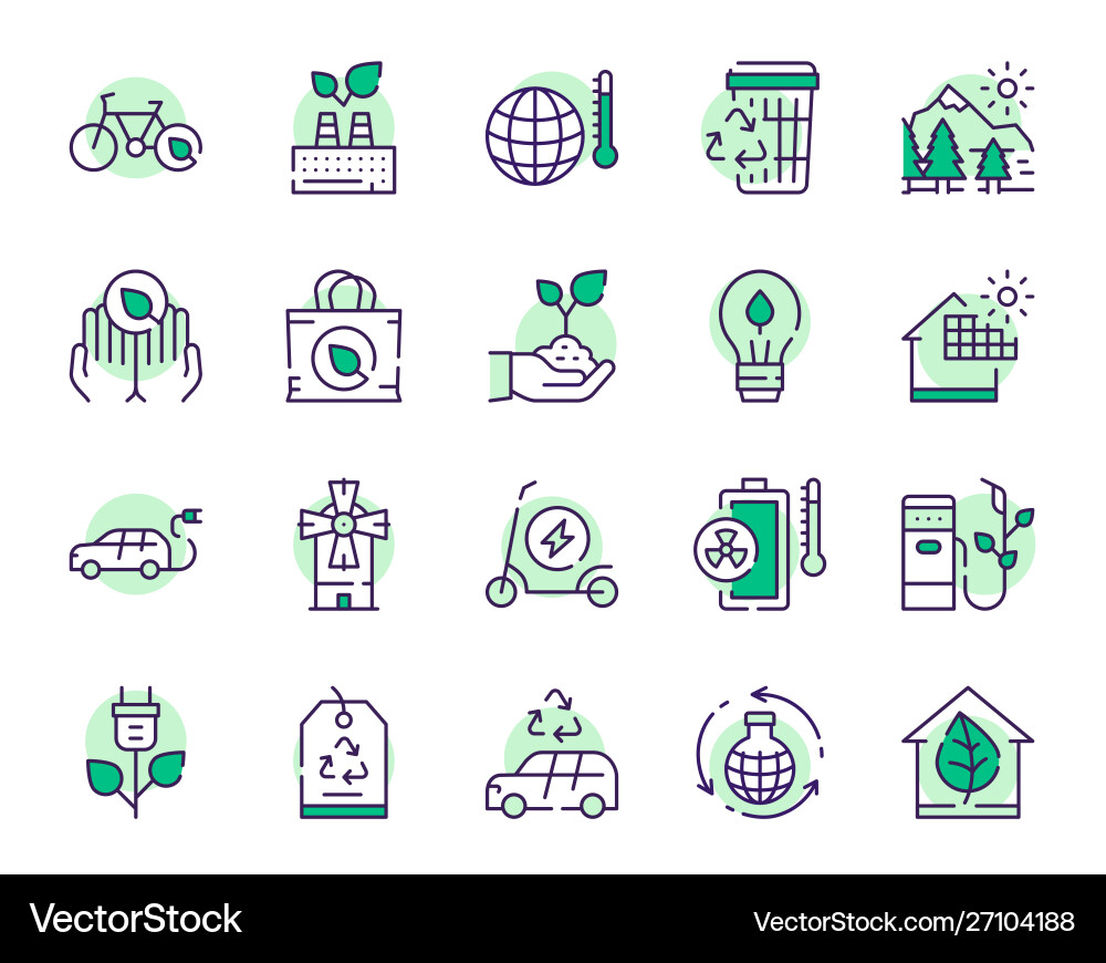 Nature conservation green color linear icons set Vector Image