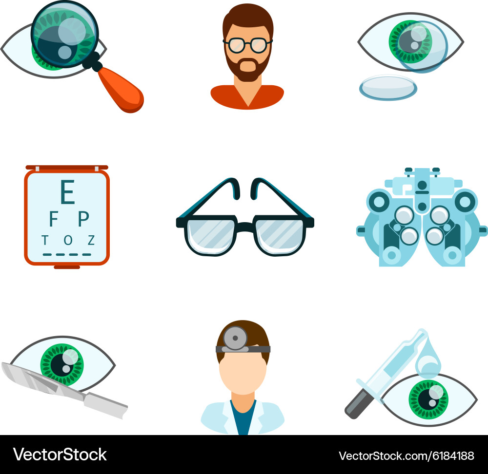 Optometry and optical icons flat set Royalty Free Vector