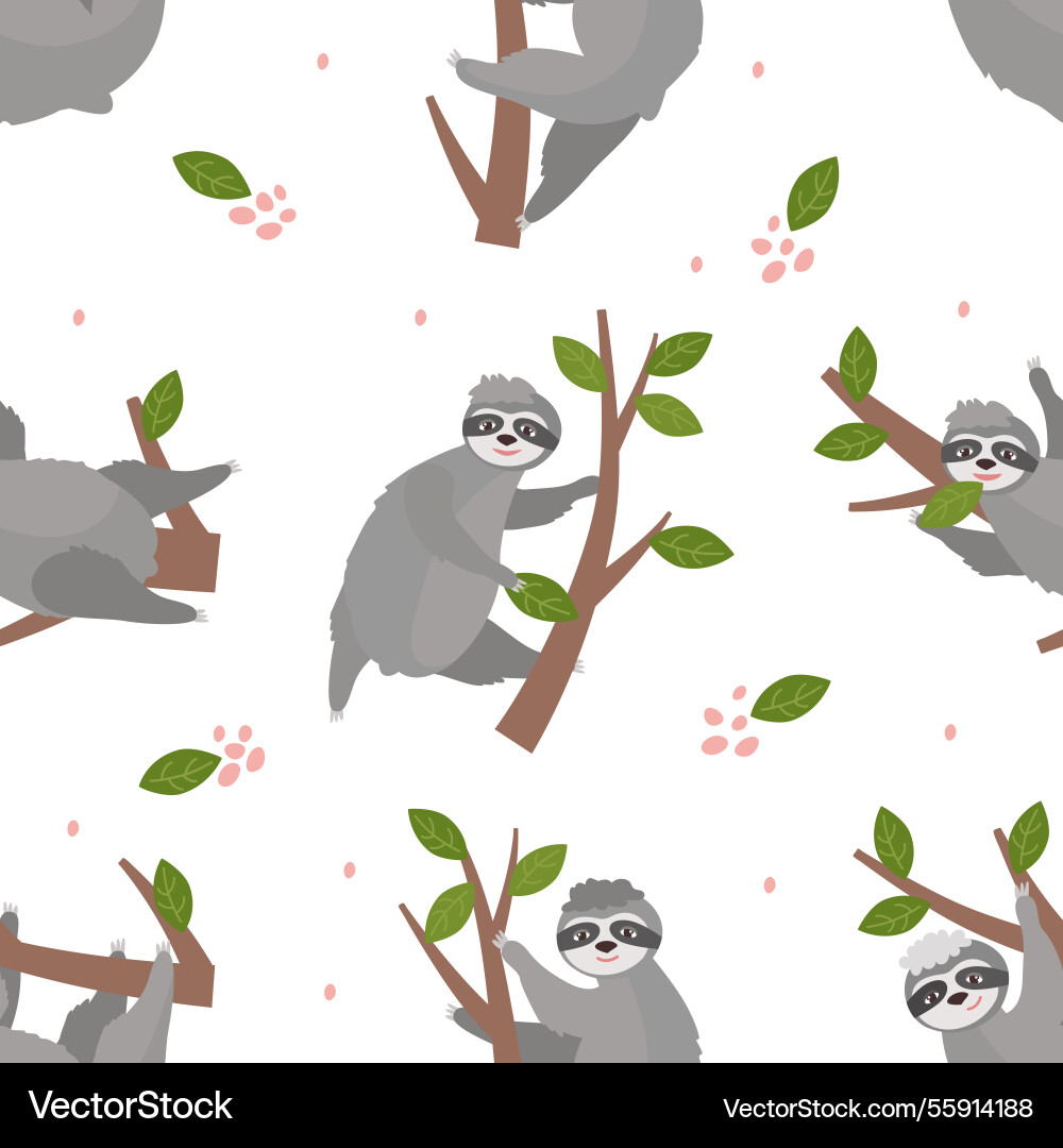 Seamless pattern with cute sloths on trees Vector Image