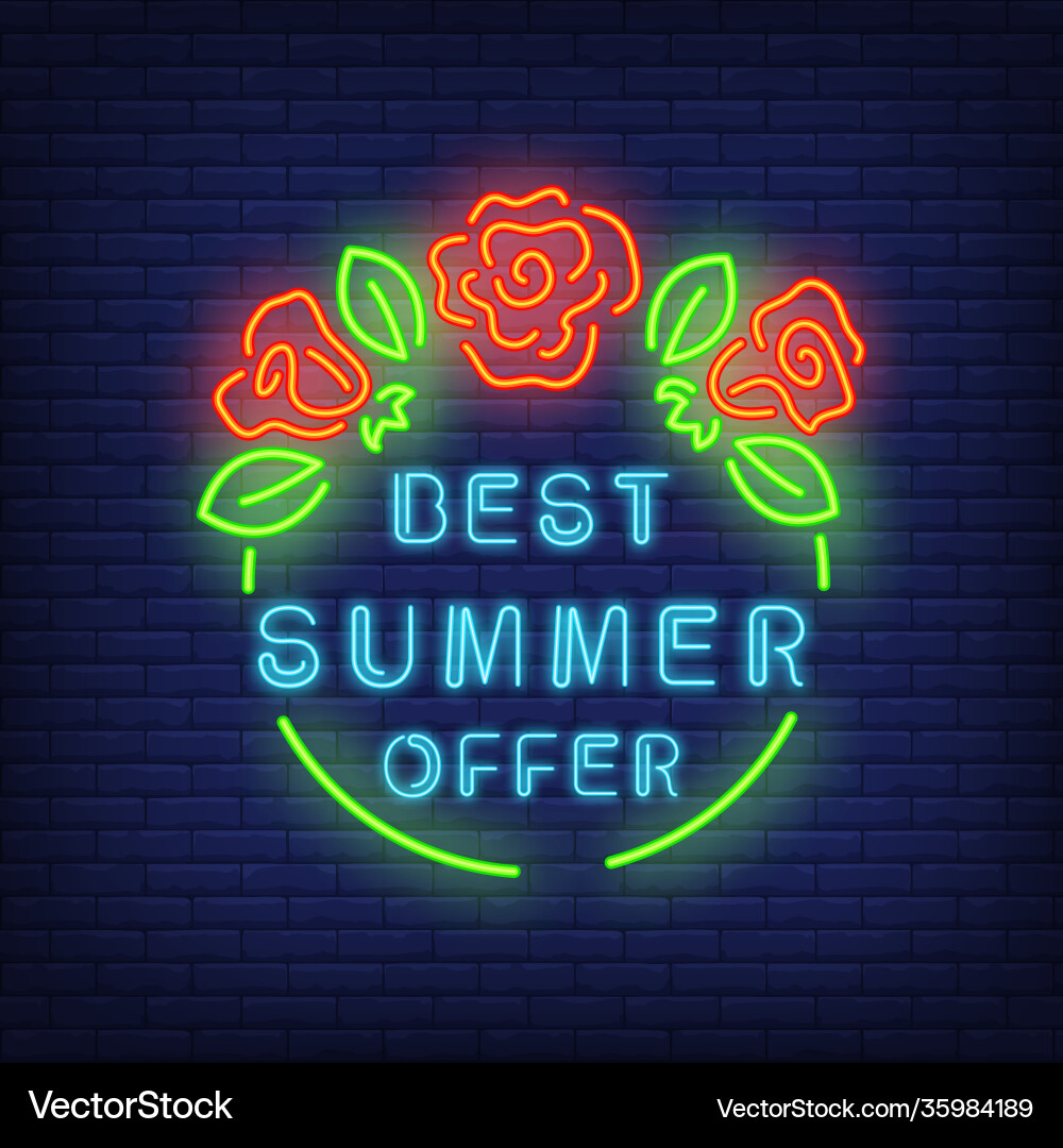 Best summer offer sign in neon style Royalty Free Vector