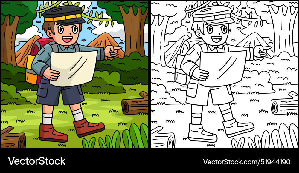 Camping camper with map coloring page Royalty Free Vector