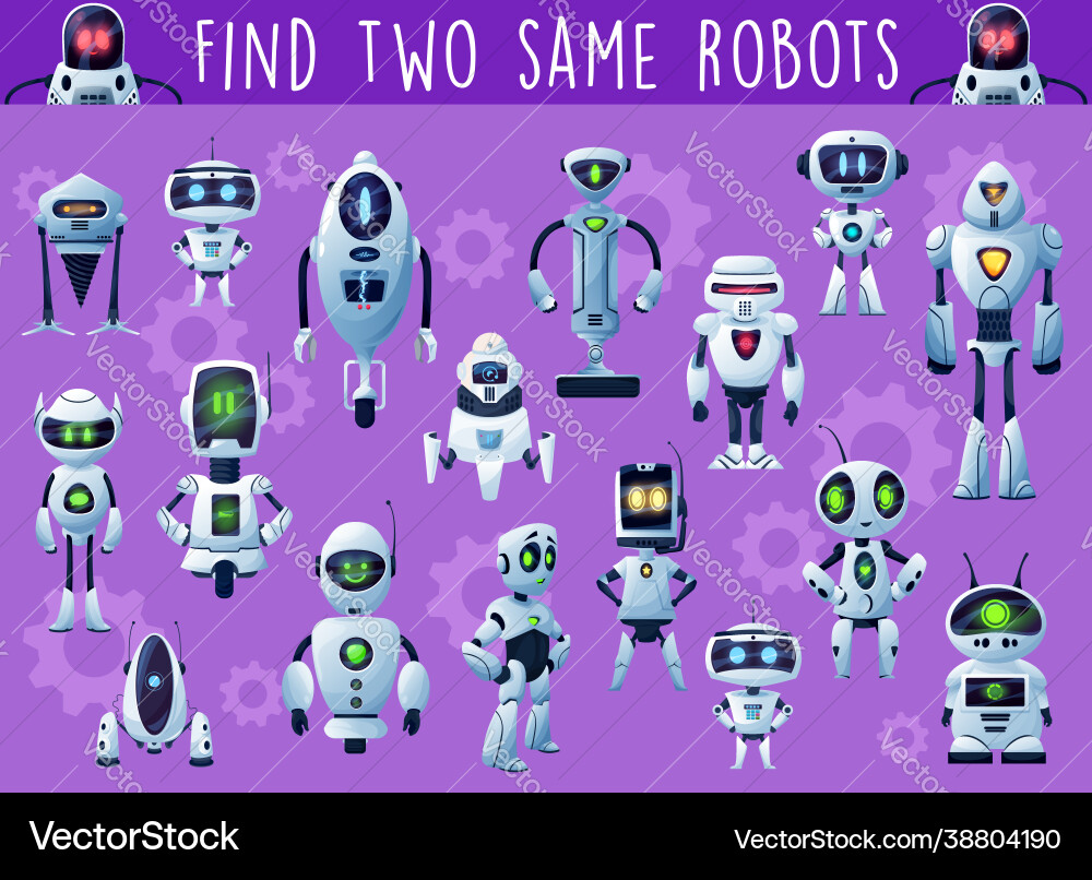Kids educational game with cartoon robots droids Vector Image