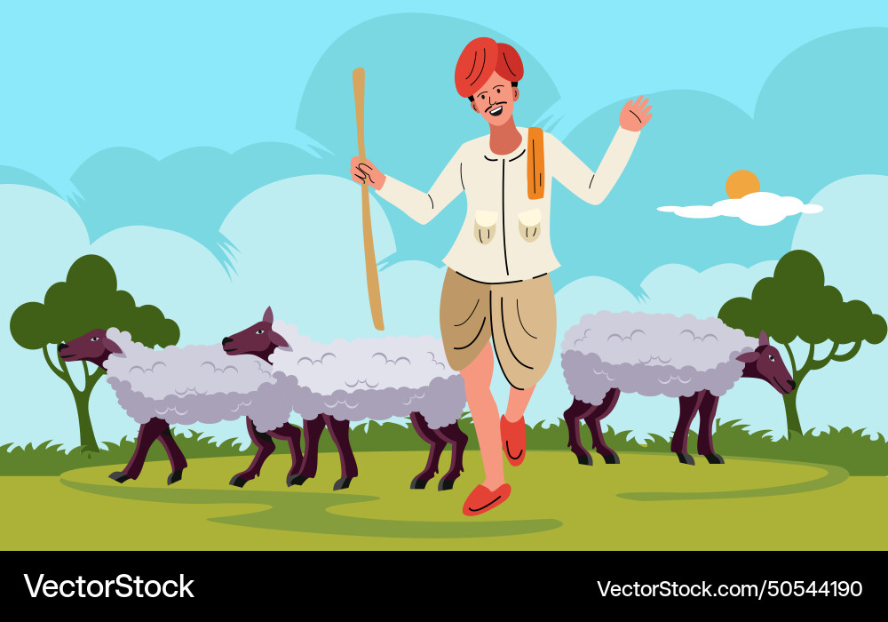 Rabari man shepherd with flock of sheep Royalty Free Vector