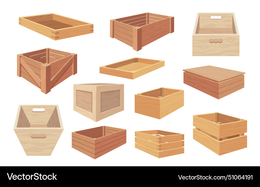 Cartoon wooden containers open and closed boxes Vector Image