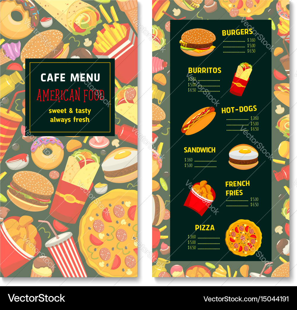 Fast food menu for cafe or restaurant Royalty Free Vector