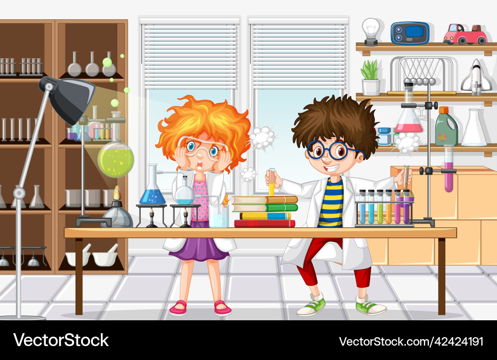 Laboratory scene with scientist cartoon character Vector Image
