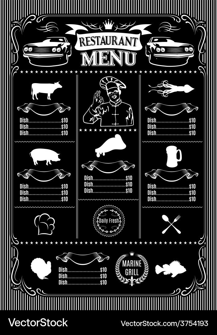 Template for menu on black background and icons Vector Image