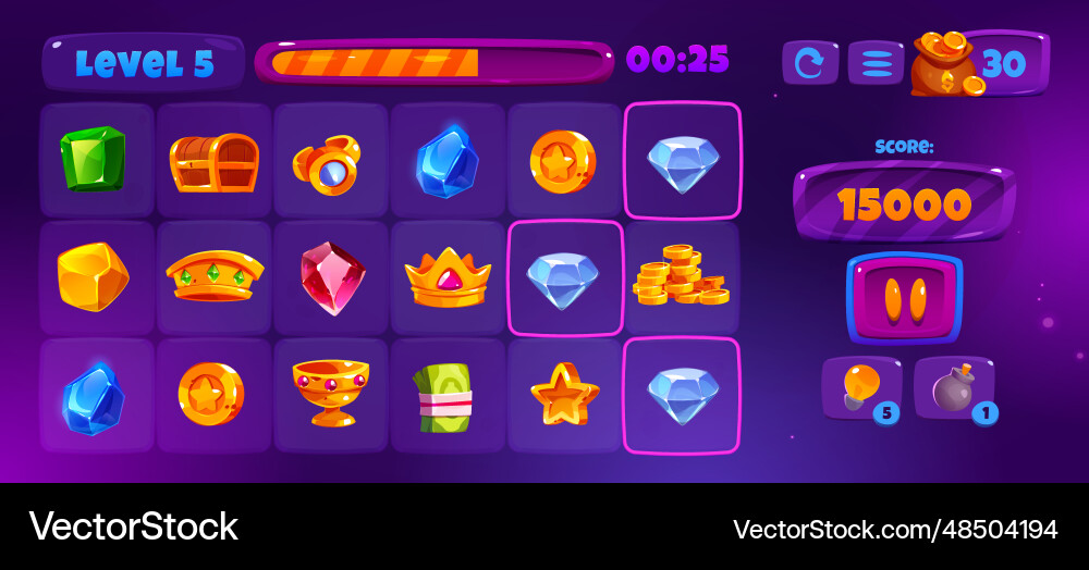 Three in line game ui template Royalty Free Vector Image