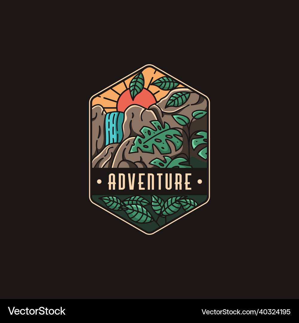 Emblem forest and waterfall adventure logo icon Vector Image