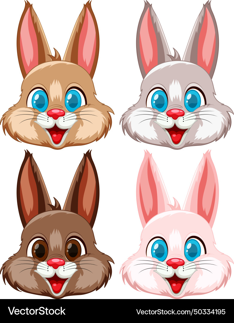 Four different cartoon rabbit faces with various Vector Image