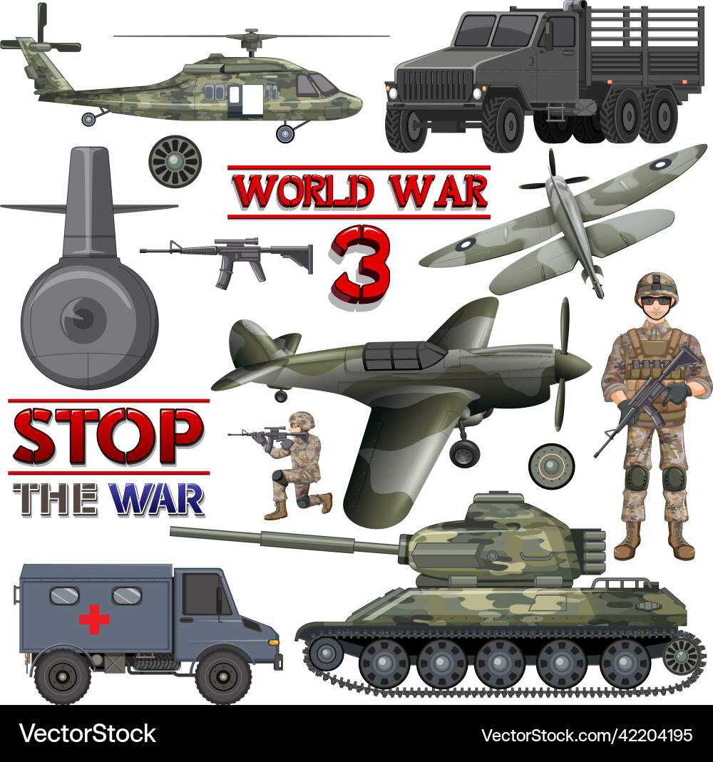 Military elements and vehicles set Royalty Free Vector Image