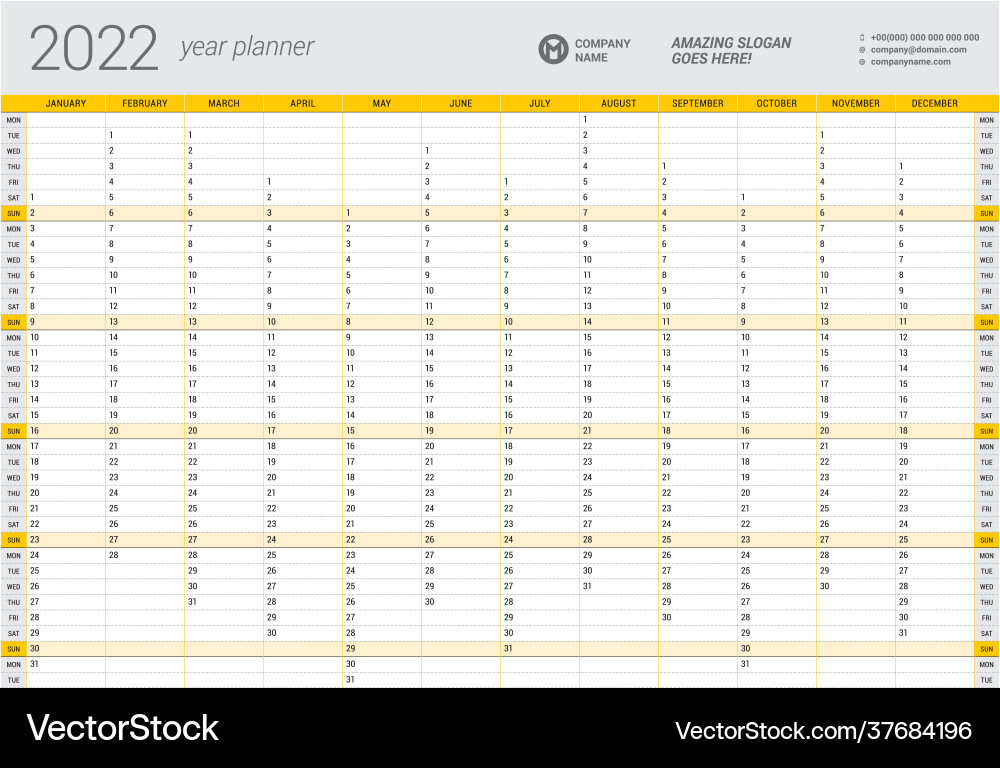 Calendar yearly planner template for 2022 Vector Image