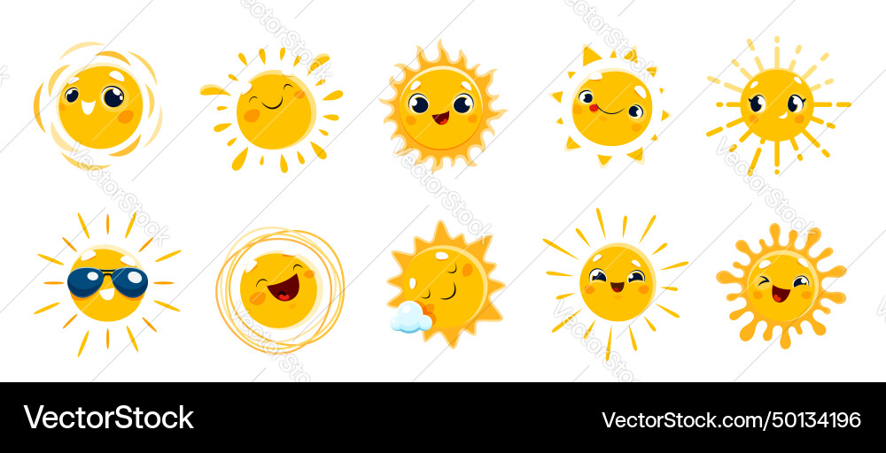 Cute Sun Characters - Happy Solar Set Royalty Free Vector