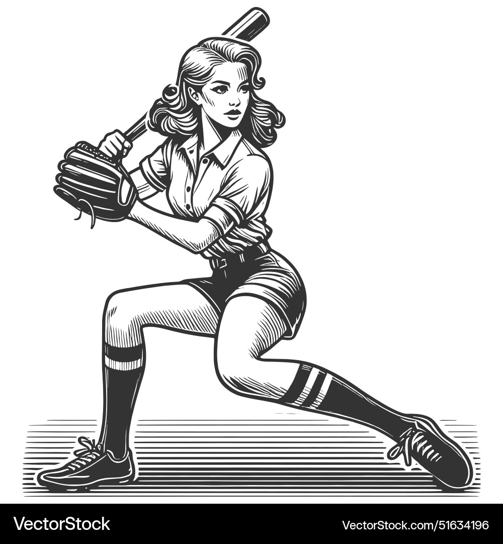 Female baseball player engraving Royalty Free Vector Image