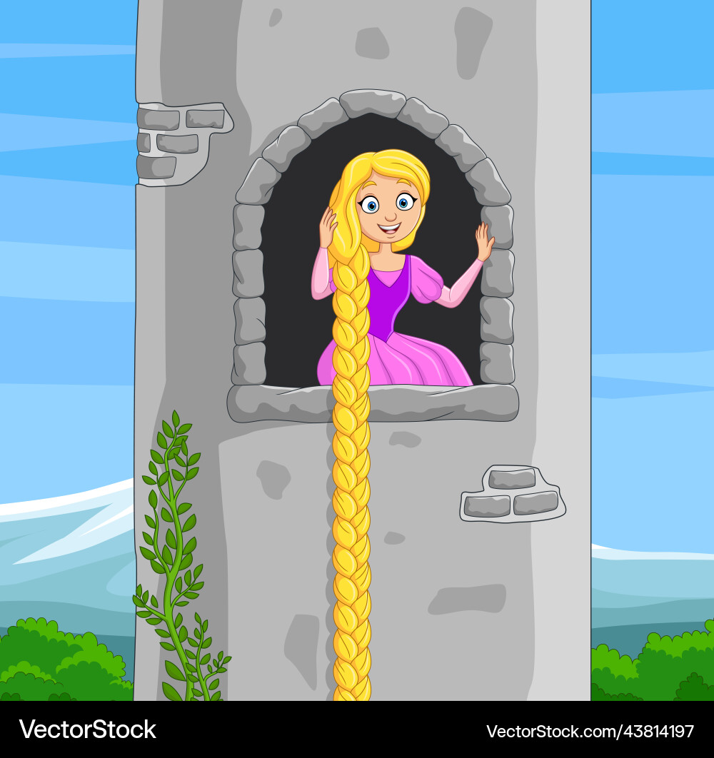 Cartoon beautiful rapunzel at castle window Vector Image