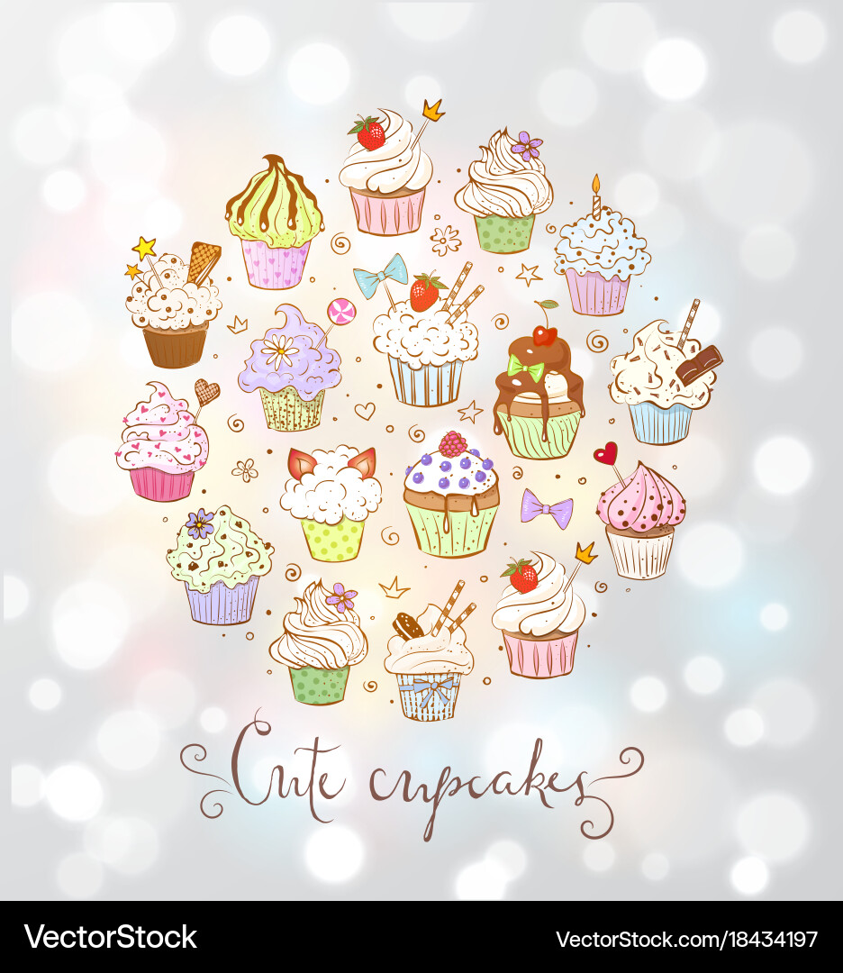 Doodle sketch cupcakes with decorations on white Vector Image