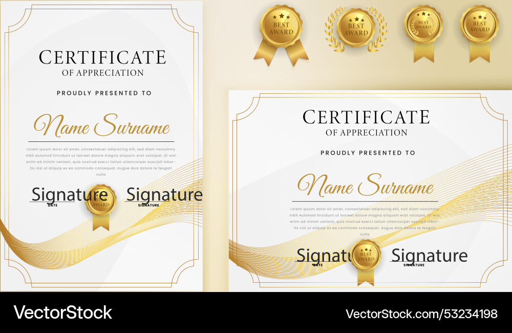 Certificate of appreciation completion gold wavy Vector Image