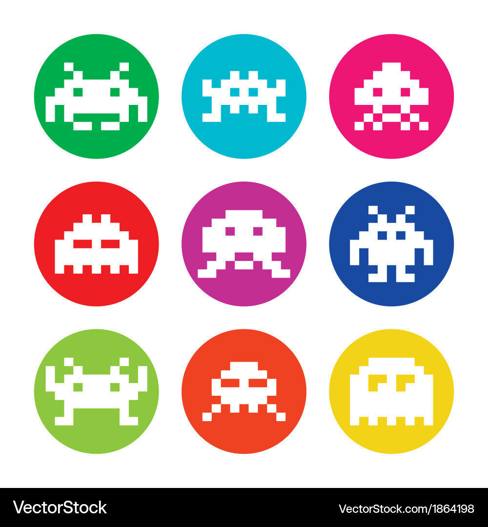 Space invaders 8bit aliens round icons set Vector Image