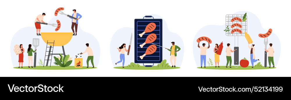 Bbq food cooking by tiny people set smoked Vector Image