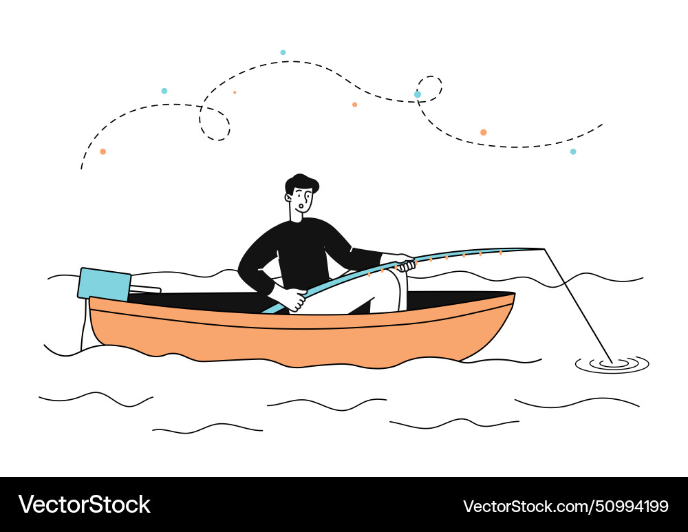 Fisherman in boat linear Royalty Free Vector Image