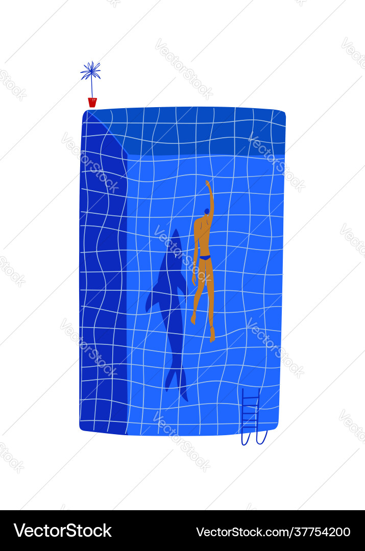 Funny cartoon swimmer and a shark shadow Vector Image