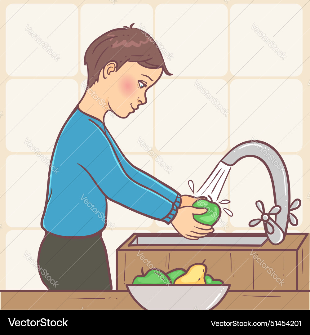 Boy washes fruits in the kitchen Royalty Free Vector Image