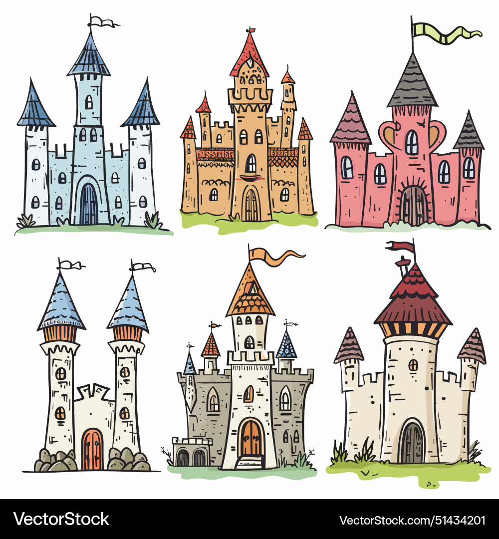 Handdrawn fairytale castles collection colorful Vector Image