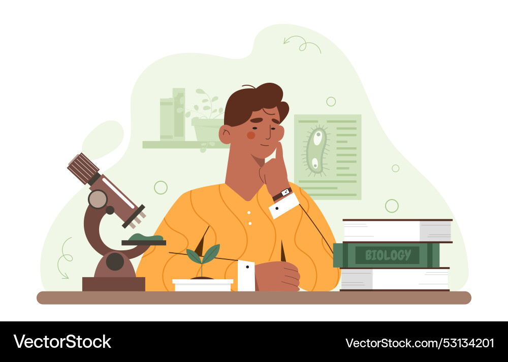 Man in biology lesson young guy with microscope Vector Image