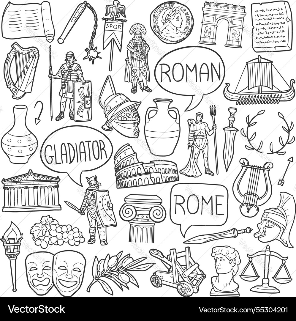 Roman age doodle icons line art Royalty Free Vector Image