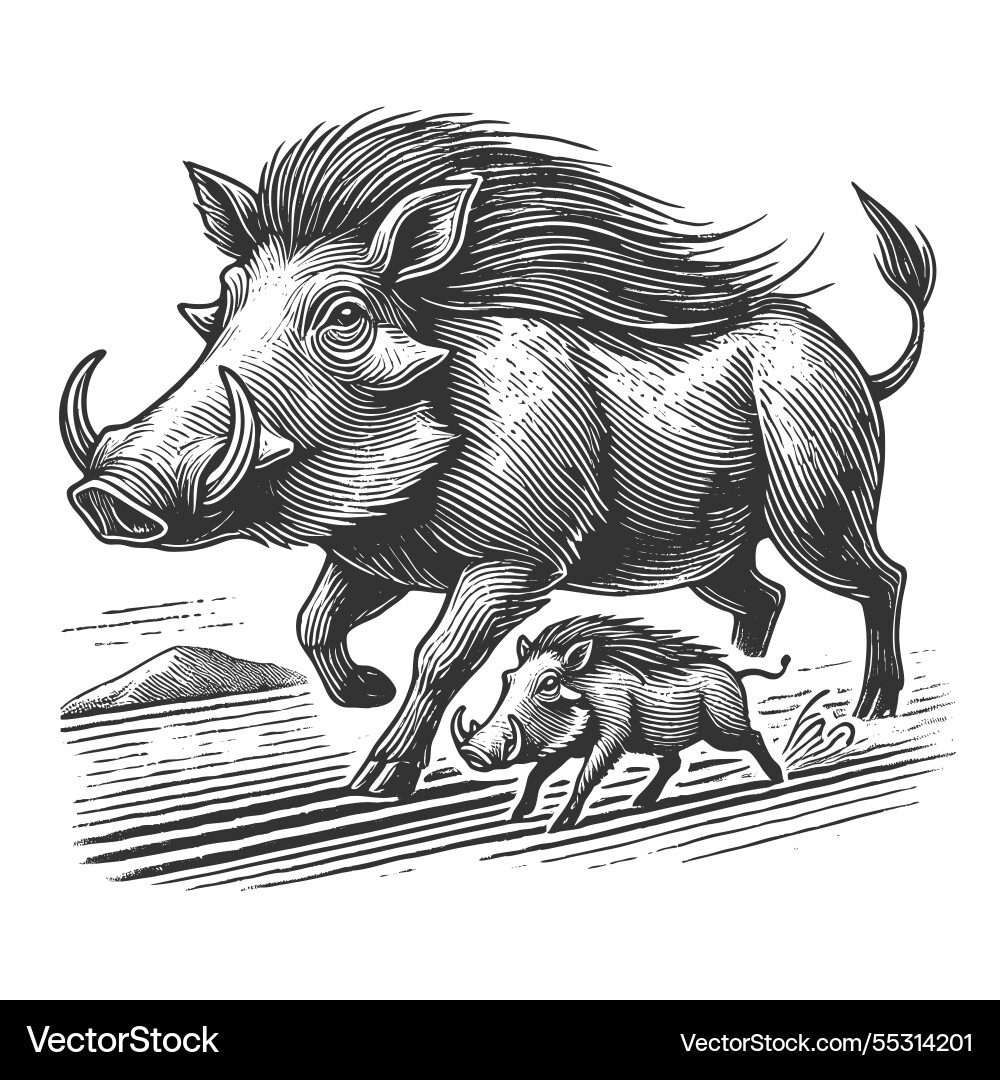 Running warthog with baby in the wild Royalty Free Vector