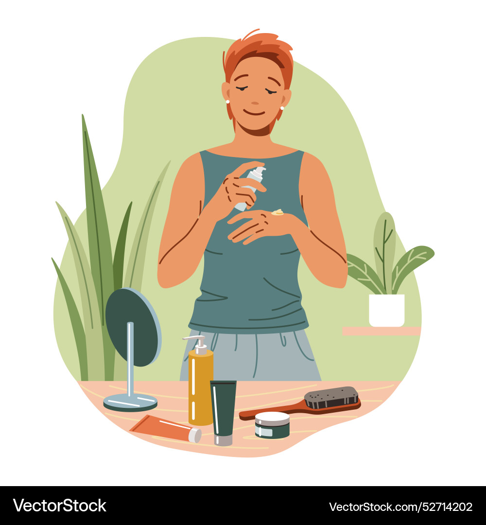 Lady applying hand cream at dressing table flat Vector Image