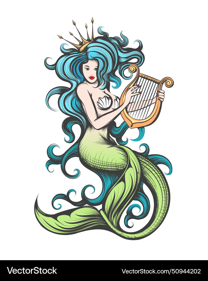 Pretty long haired mermaid plays the harp Vector Image