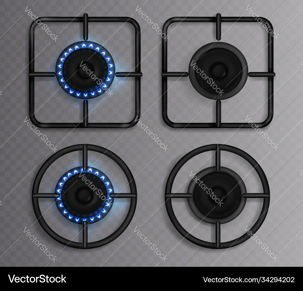 Realistic gas burners with blue flame Royalty Free Vector