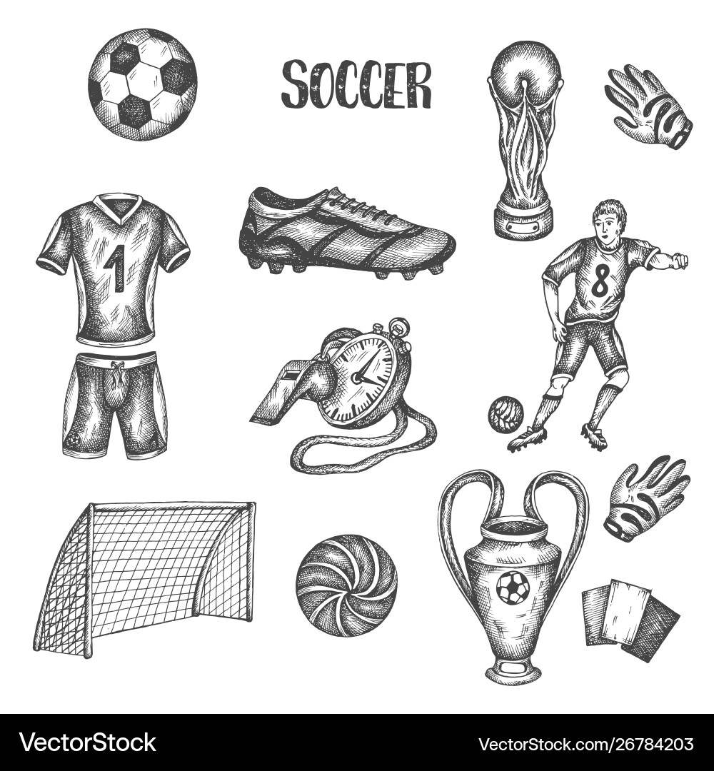 Hand drawn doodle soccer set Royalty Free Vector Image