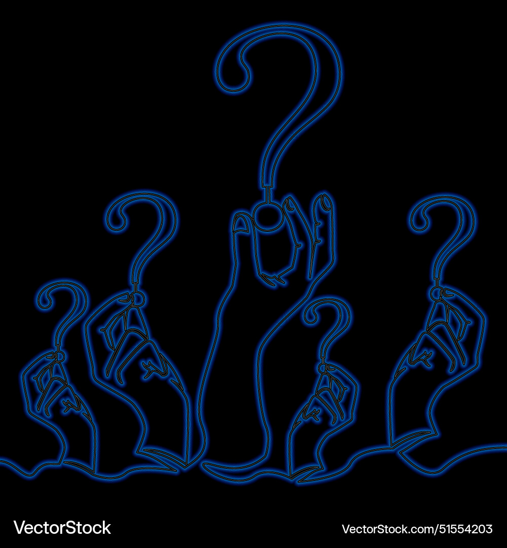 Many hands are holding question marks neon concept