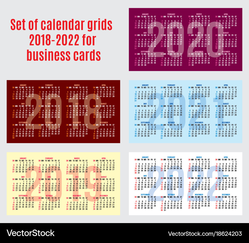 Set calendar grid for years 2018-2022 Royalty Free Vector
