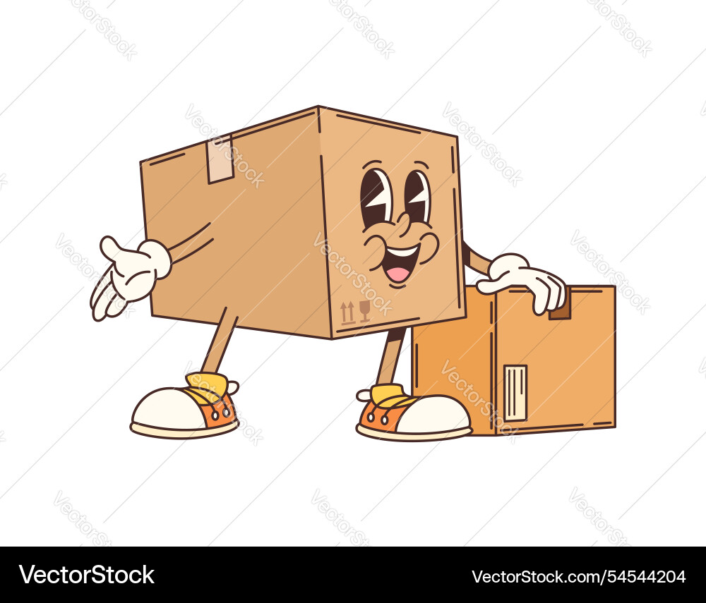 Groovy delivery cardboard box cartoon character Vector Image