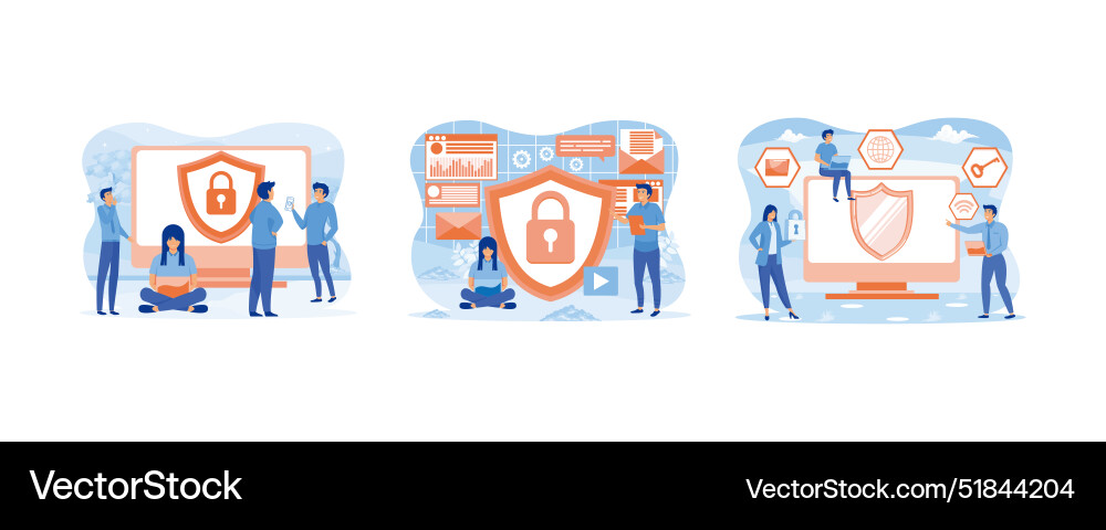 People and computer with shield lock safety Vector Image