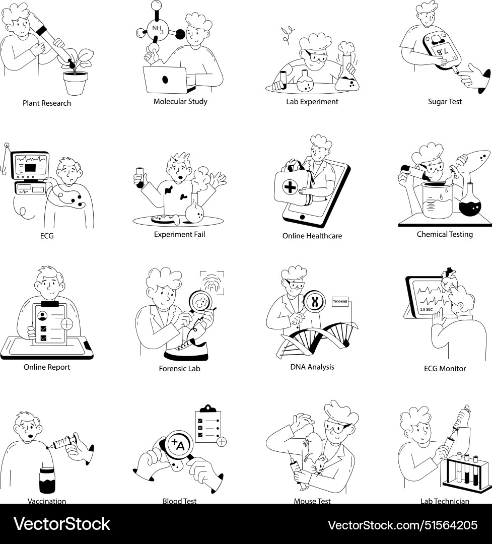 Pack of medical and lab testing doodle mini illust