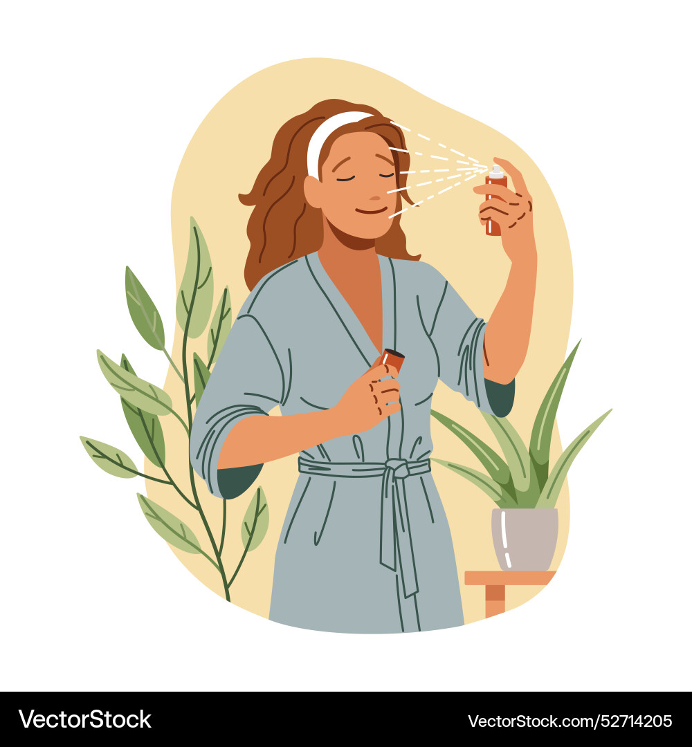 Woman using face mist after bathing flat Vector Image