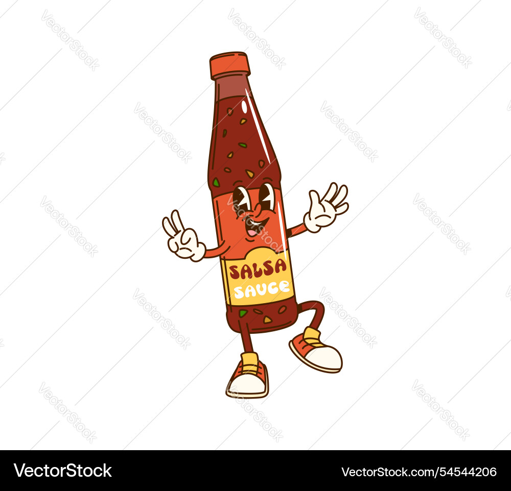 Cartoon groovy salsa sauce bottle character Vector Image