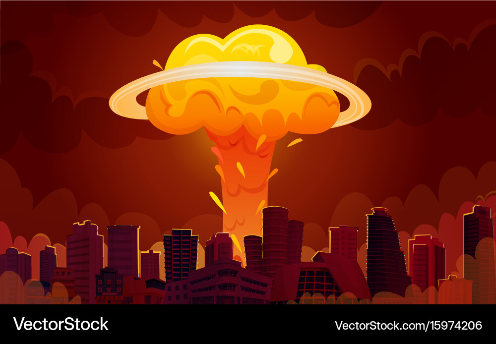 Nuclear explosion city cartoon poster Royalty Free Vector