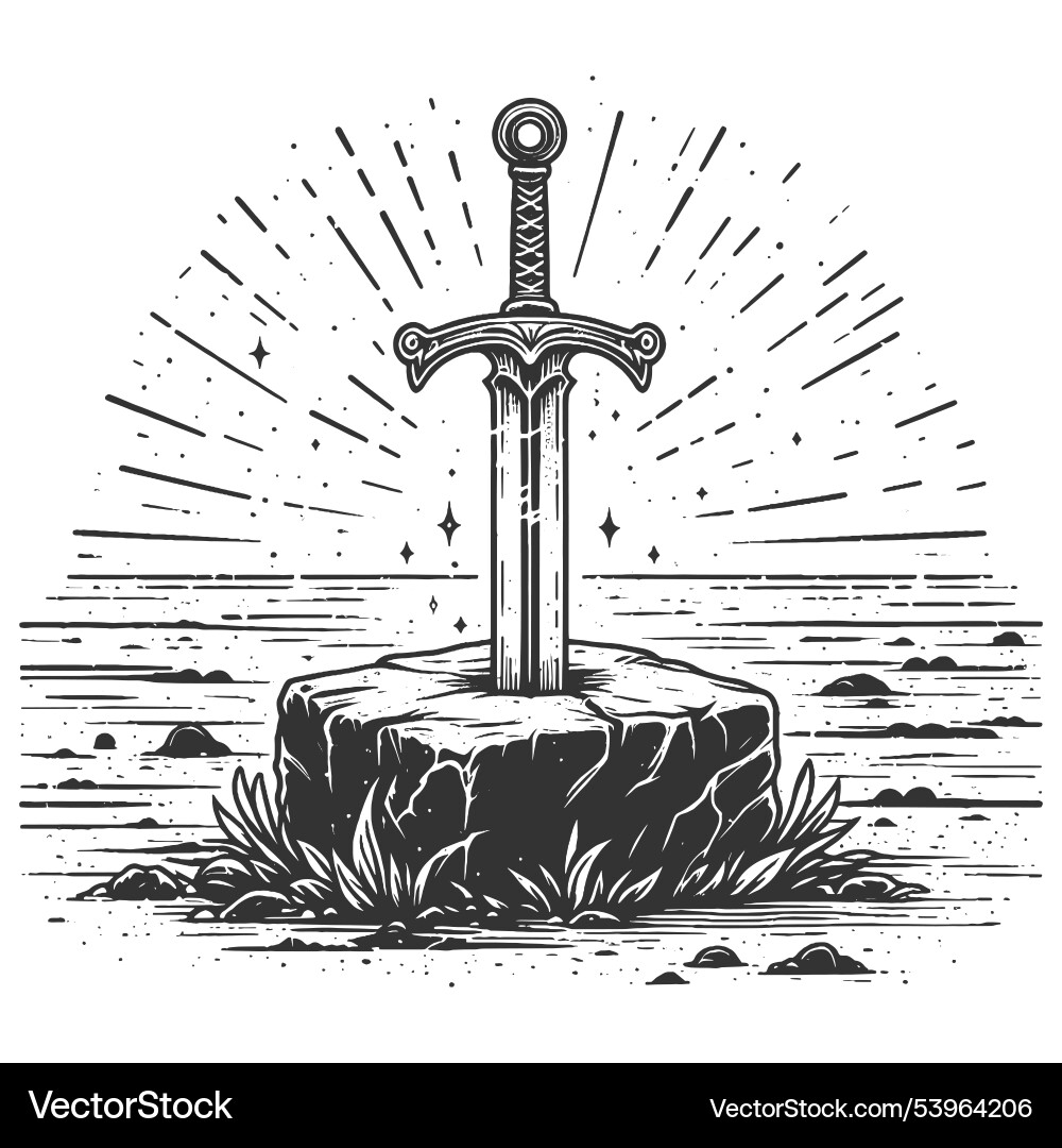 Sword in stone medieval engraving sketch Vector Image