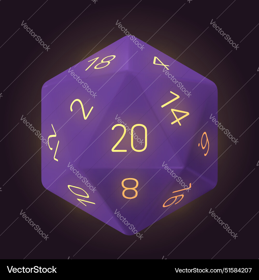 Realistic purple d20 die for board game Royalty Free Vector