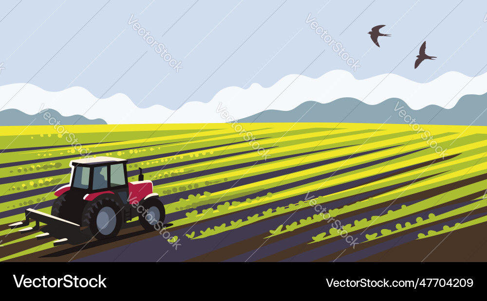Agriculture landscape with tractor cultivating Vector Image